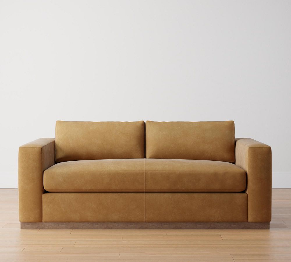 Carmel Square Wide Arm Leather Sleeper Sofa with Wood Base | Pottery Barn