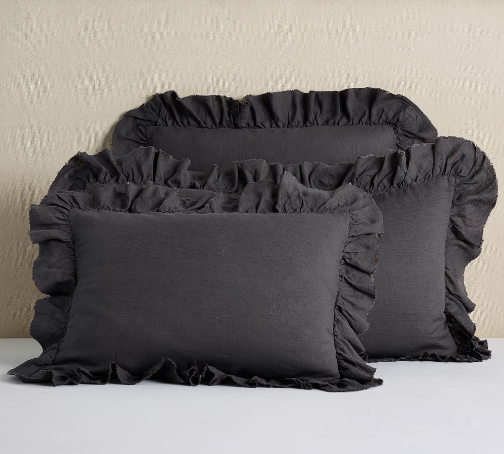 Belgian Flax Linen Raw Edge Ruffle Pillow Shams - White | Pottery Barn