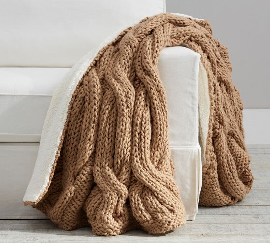 Alpine Handknit Cable Sherpa Back Throw Blanket | Pottery Barn