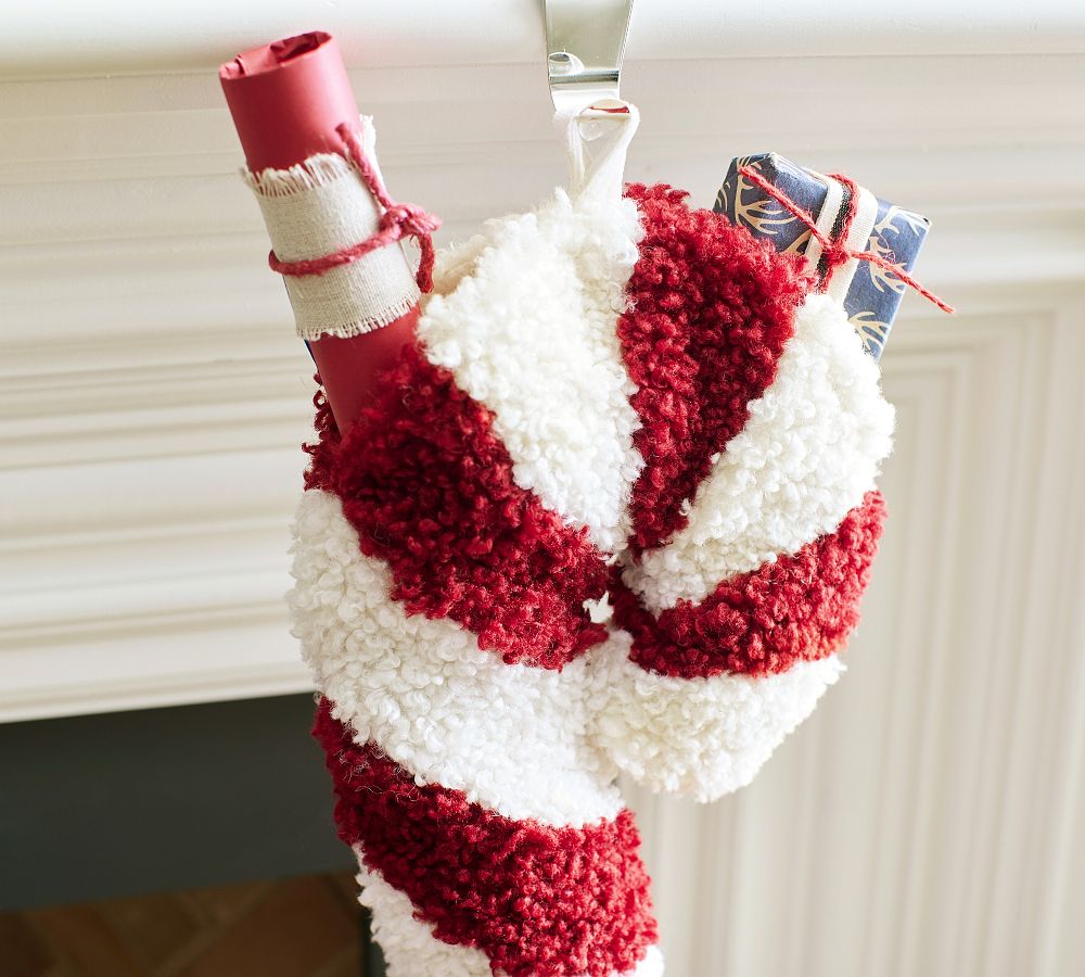 Cozy Teddy Candy Cane Shaped Stocking | Pottery Barn