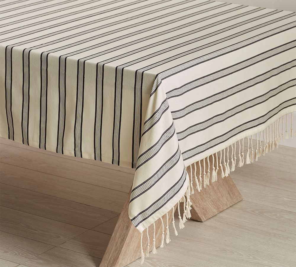 Riad Fringed Striped Cotton Tablecloth | Pottery Barn