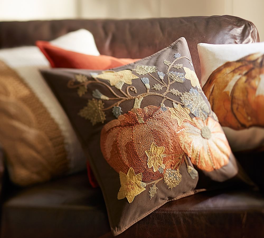 Pumpkin Patch Crewel Embroidered Decorative Pillow Cover | Pottery Barn