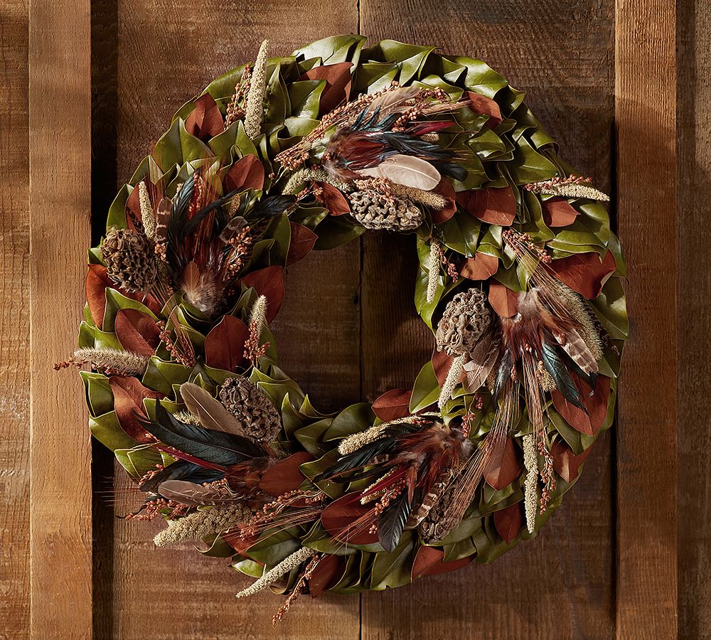 Magnolia & Pheasant Feather Wreath & Mantel Piece | Pottery Barn