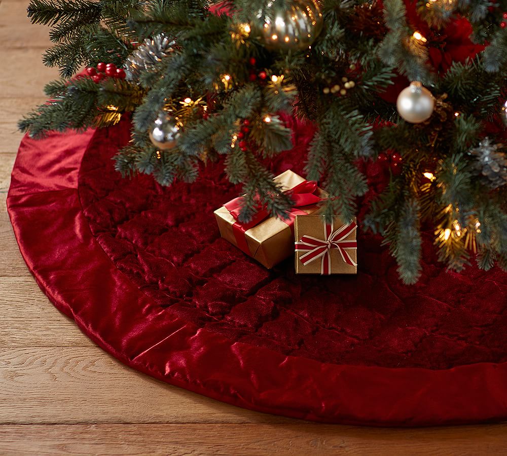 Shiny Velvet Quilted Tree Skirt - Red | Pottery Barn