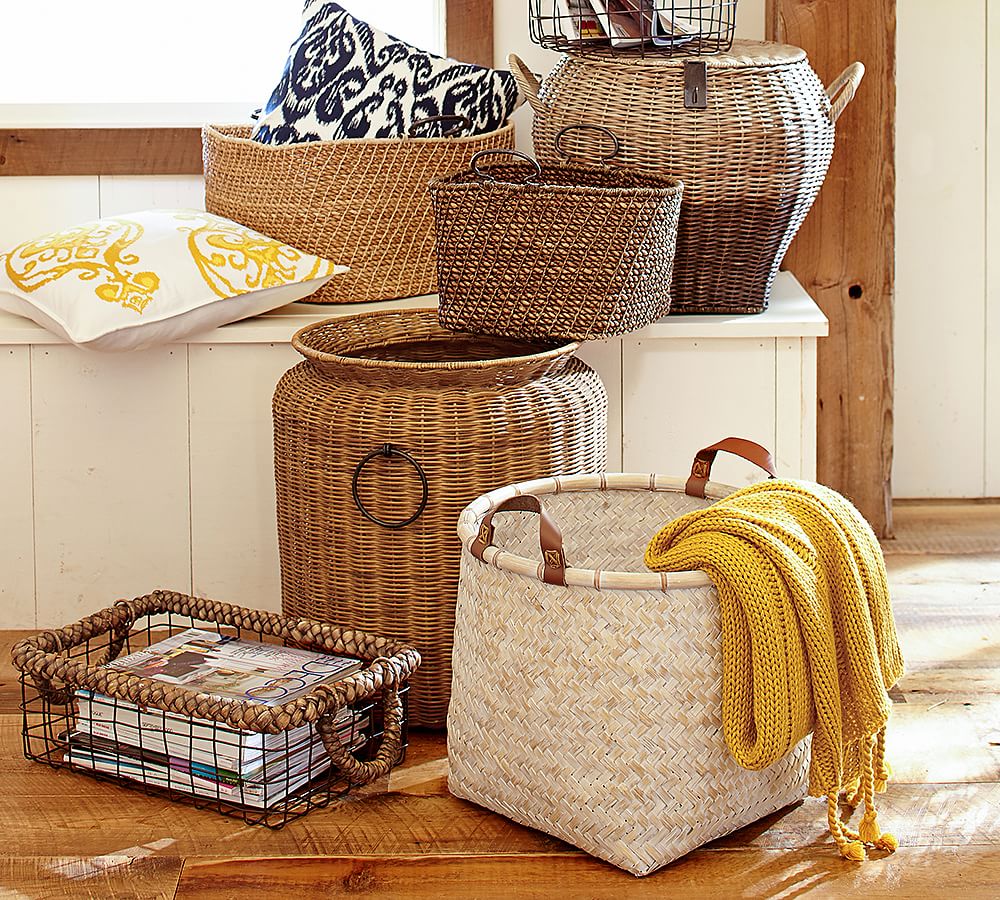 Whitewashed Storage Basket with Leather Handles | Pottery Barn