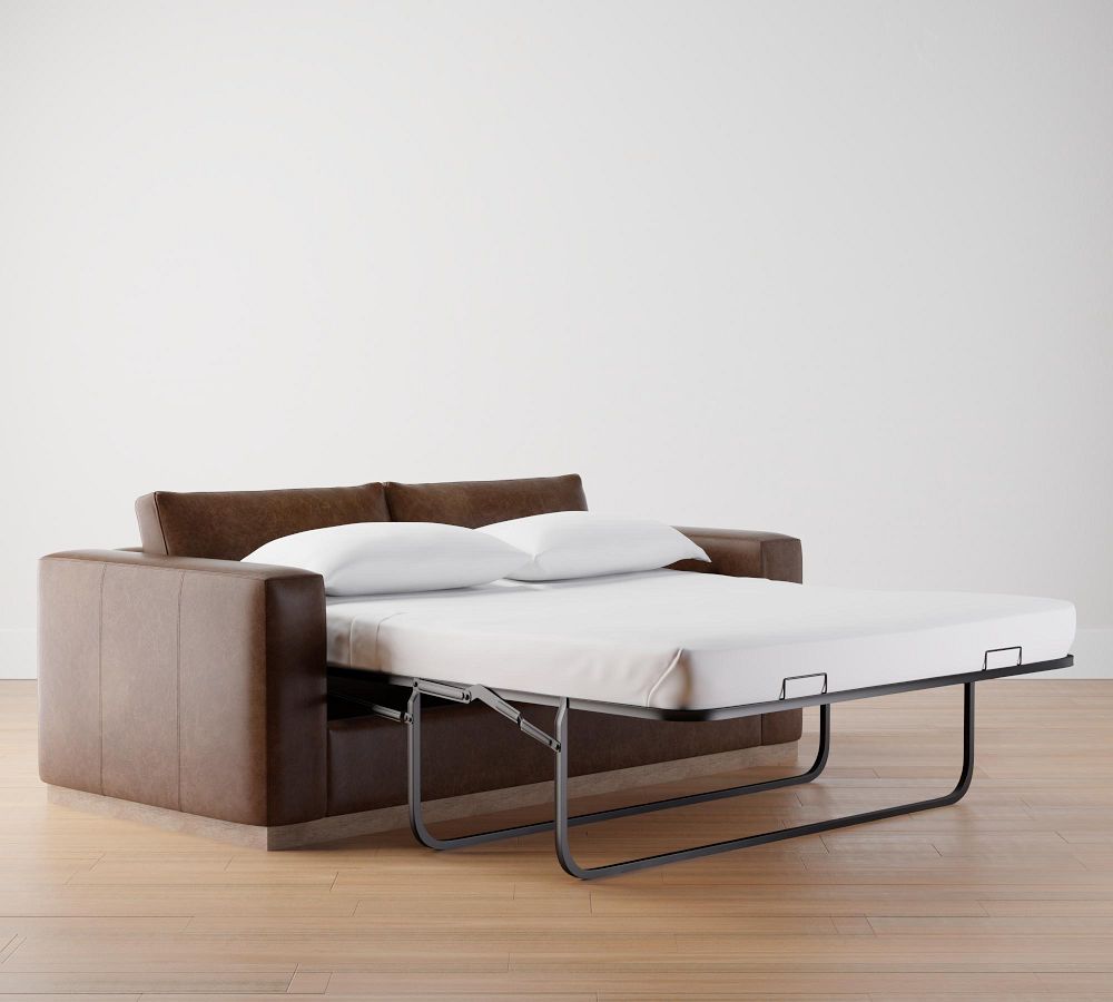 Carmel Square Wide Arm Leather Sleeper Sofa with Wood Base | Pottery Barn