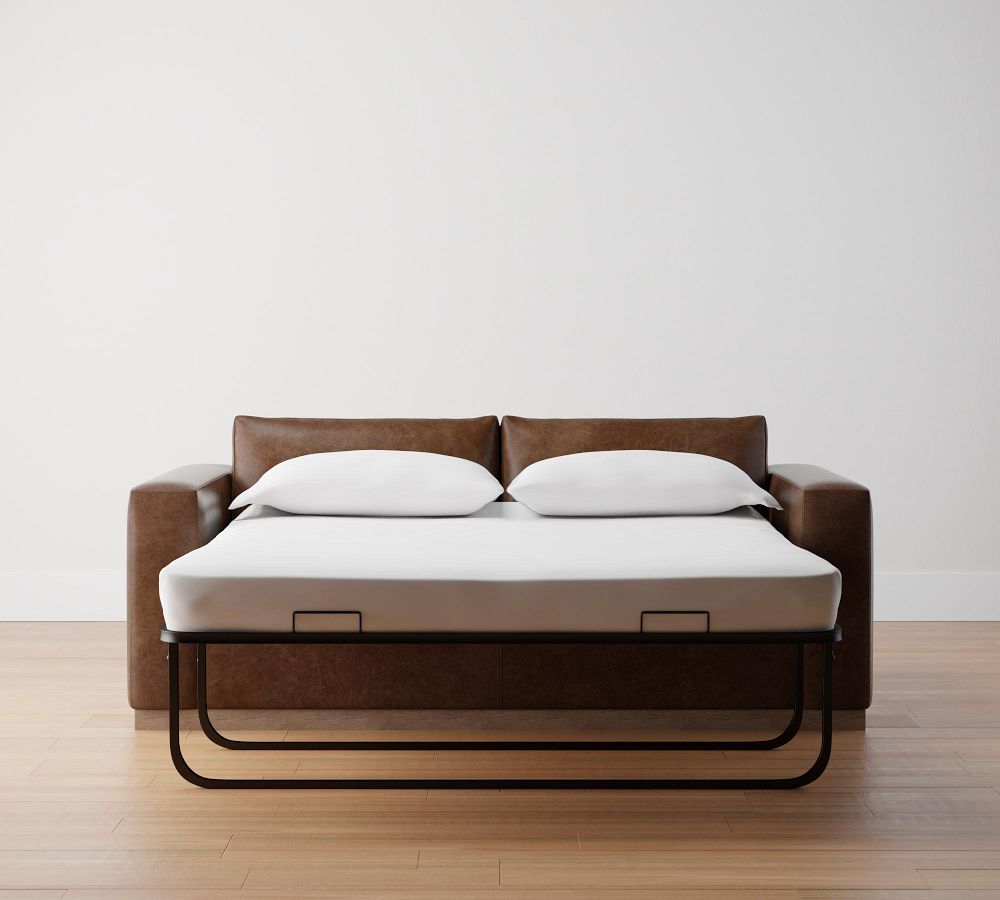 Carmel Square Wide Arm Leather Sleeper Sofa with Wood Base | Pottery Barn