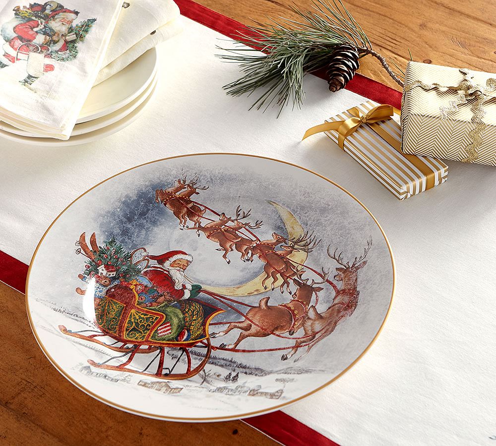 Nostalgic Santa Stoneware Round Serving Platter | Pottery Barn