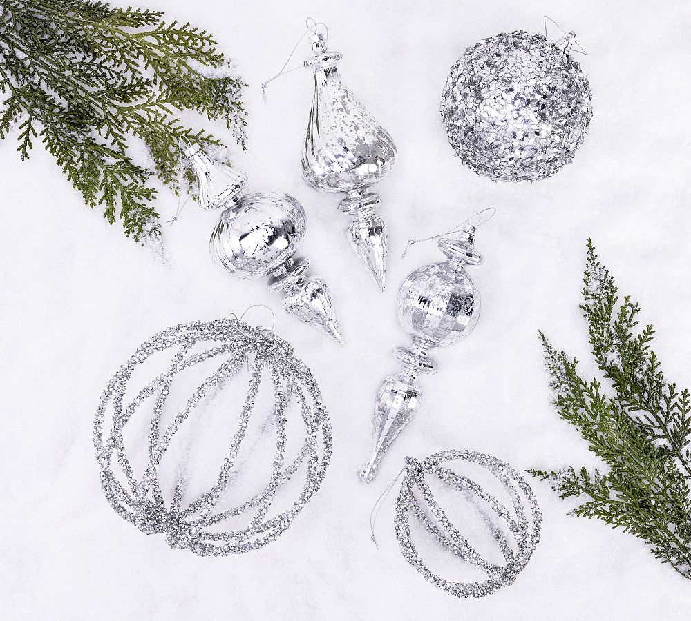 Shatterproof Sparkling Silver Ornament Sets | Pottery Barn
