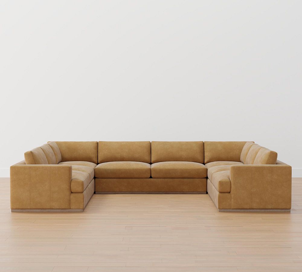 Carmel Recessed Square Arm Leather U-Shaped Sectional with Wood Base ...