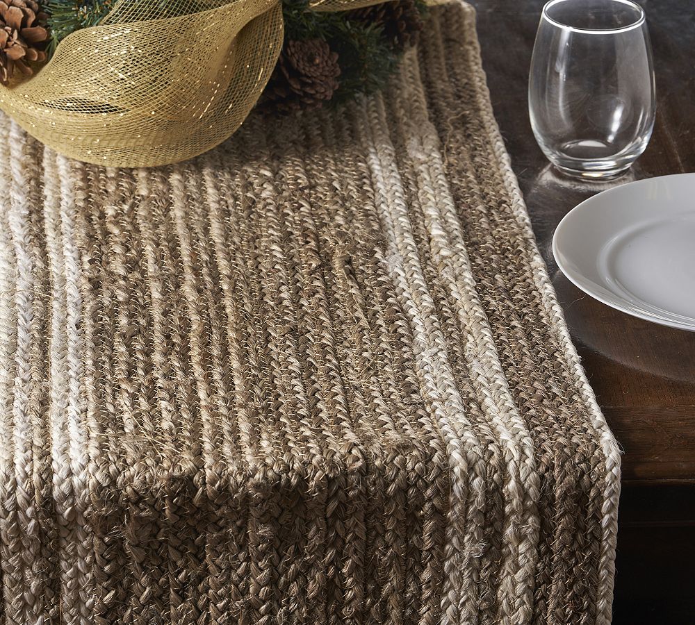 OPEN BOX: Two-Toned Striped Hand-Braided Jute Table Runner | Pottery Barn