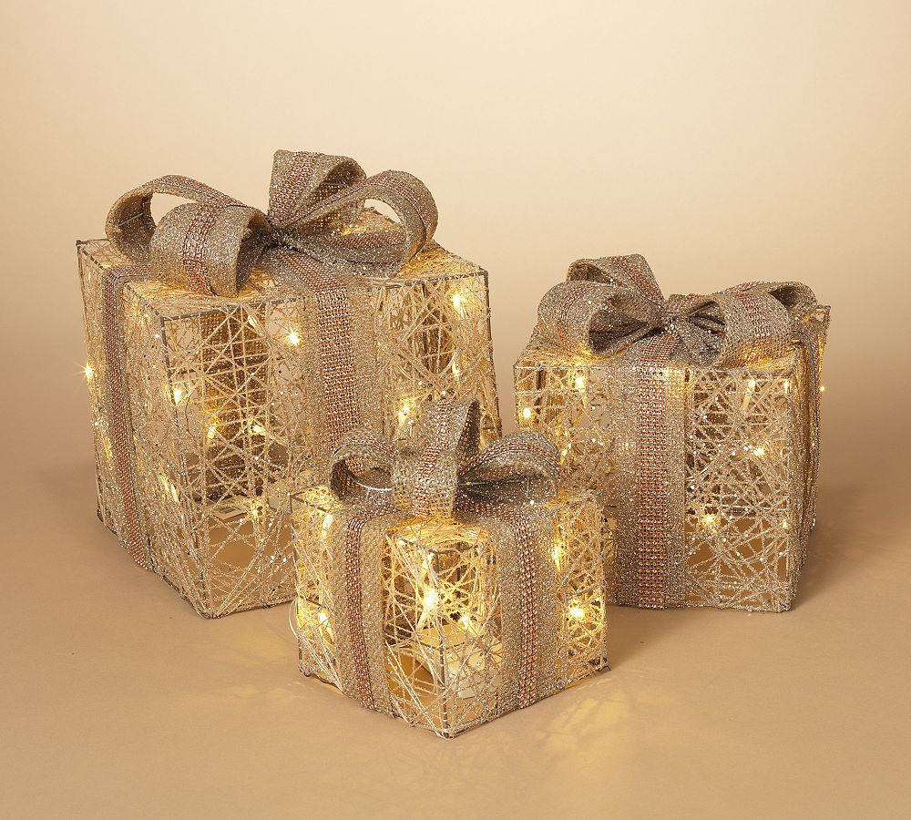 Lighted Gold Gift Boxes - Set Of 3 | Pottery Barn