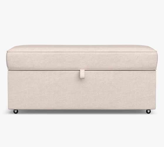 PB Comfort Upholstered Storage Ottoman with Pull Out Table | Pottery Barn