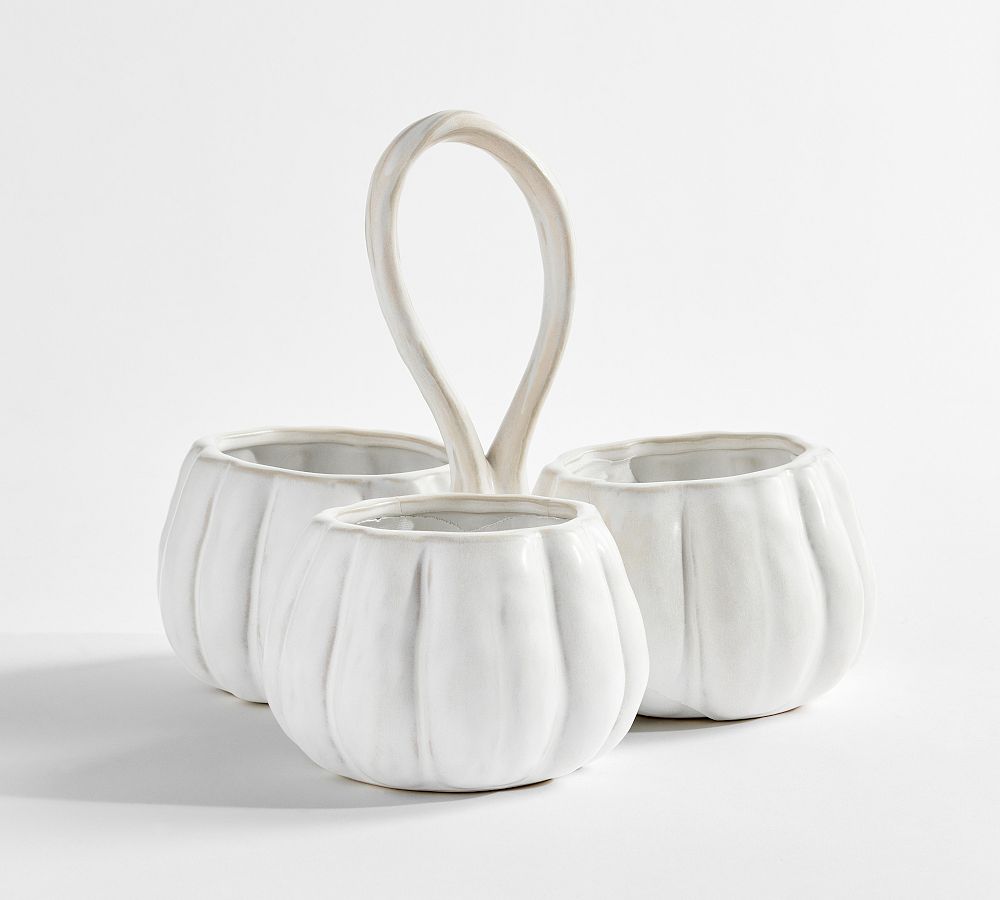Figural Pumpkin Stoneware Triple Condiment Server | Pottery Barn