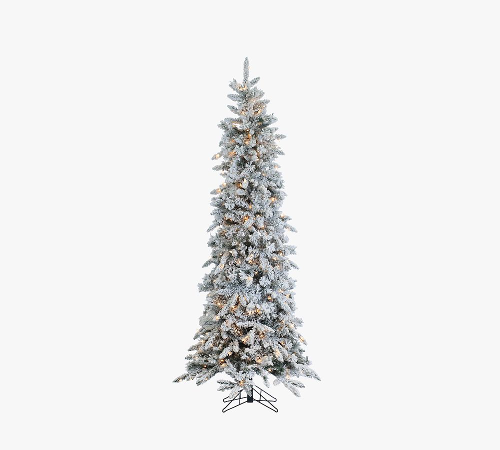Pre-Lit Flocked Pencil Pine Faux Christmas Trees | Pottery Barn