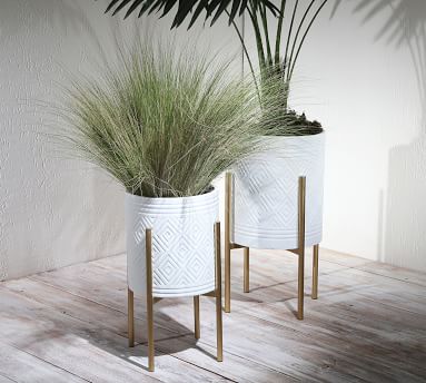 Bella Patterned Raised Planters with Gold Stand - Set of 2 | Pottery Barn
