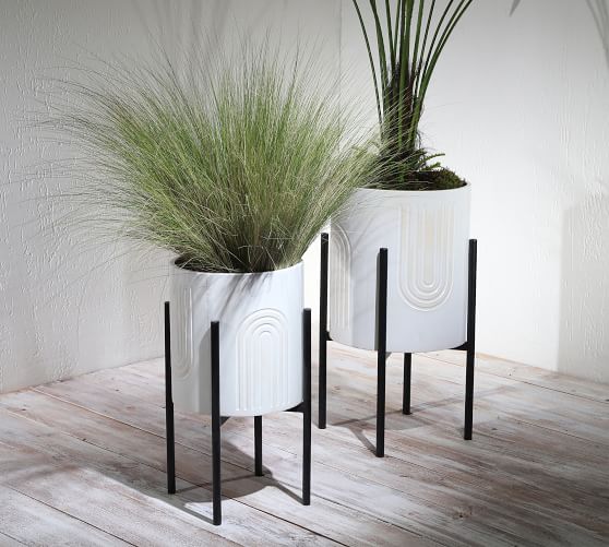 Bella Patterned Raised Planters with Gold Stand - Set of 2 | Pottery Barn