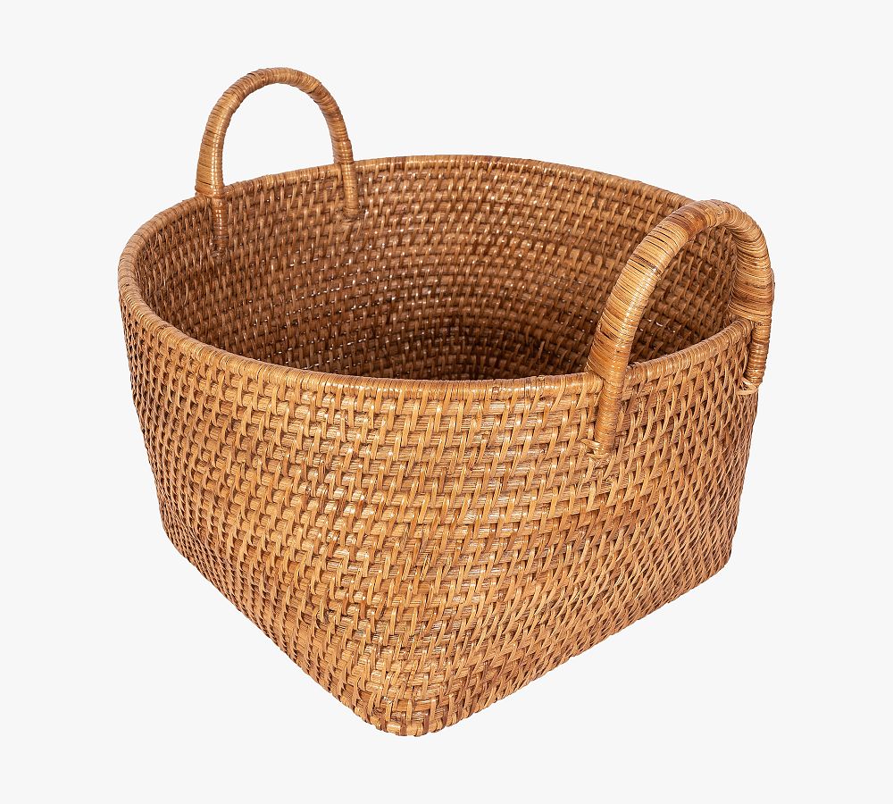 Tava Handwoven Rattan Round Basket With Hoop Handles | Pottery Barn