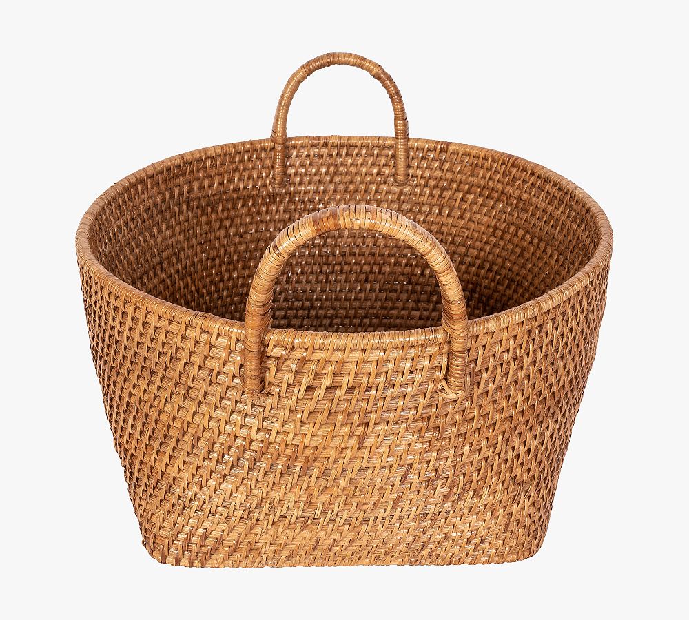 Tava Handwoven Rattan Round Basket With Hoop Handles | Pottery Barn