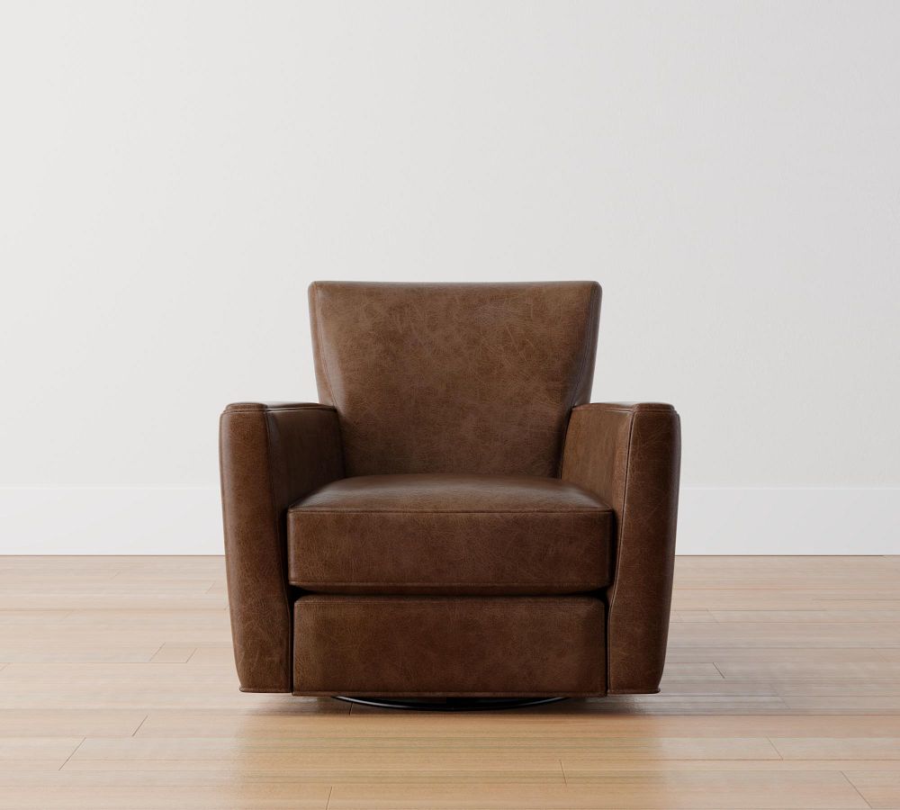 Irving Square Arm Leather Grand Swivel Recliner | Pottery Barn