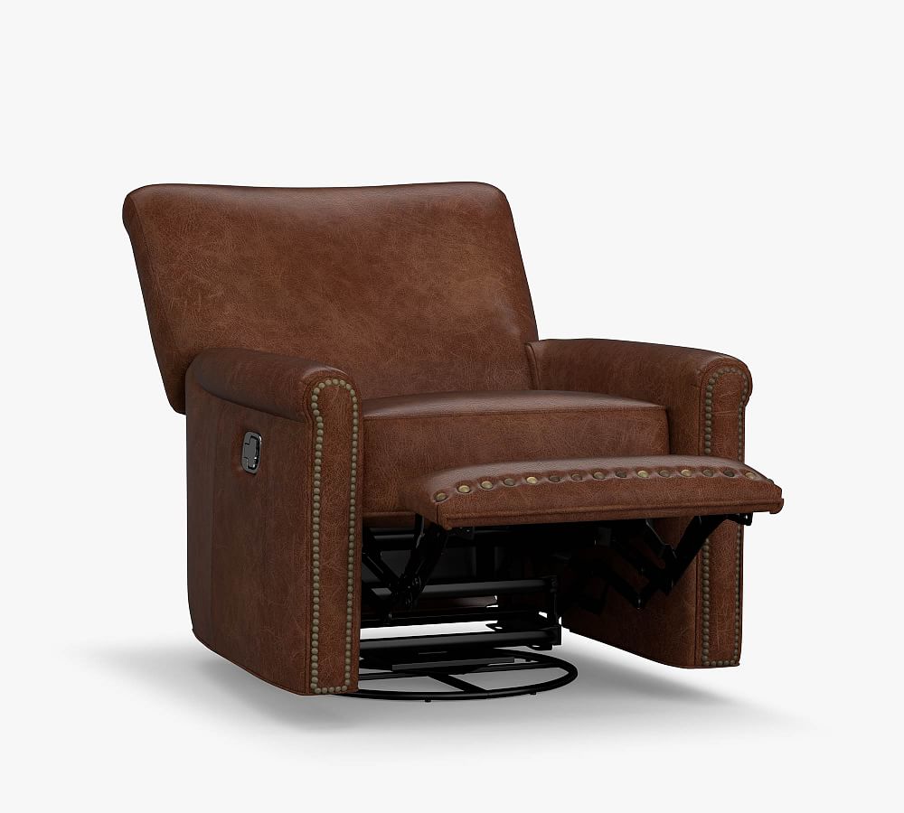 Irving Roll Arm Leather Grand Swivel Recliner | Pottery Barn