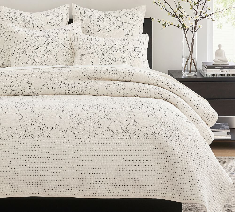 Contrast Floral Stitch Handcrafted Quilted Sham | Pottery Barn