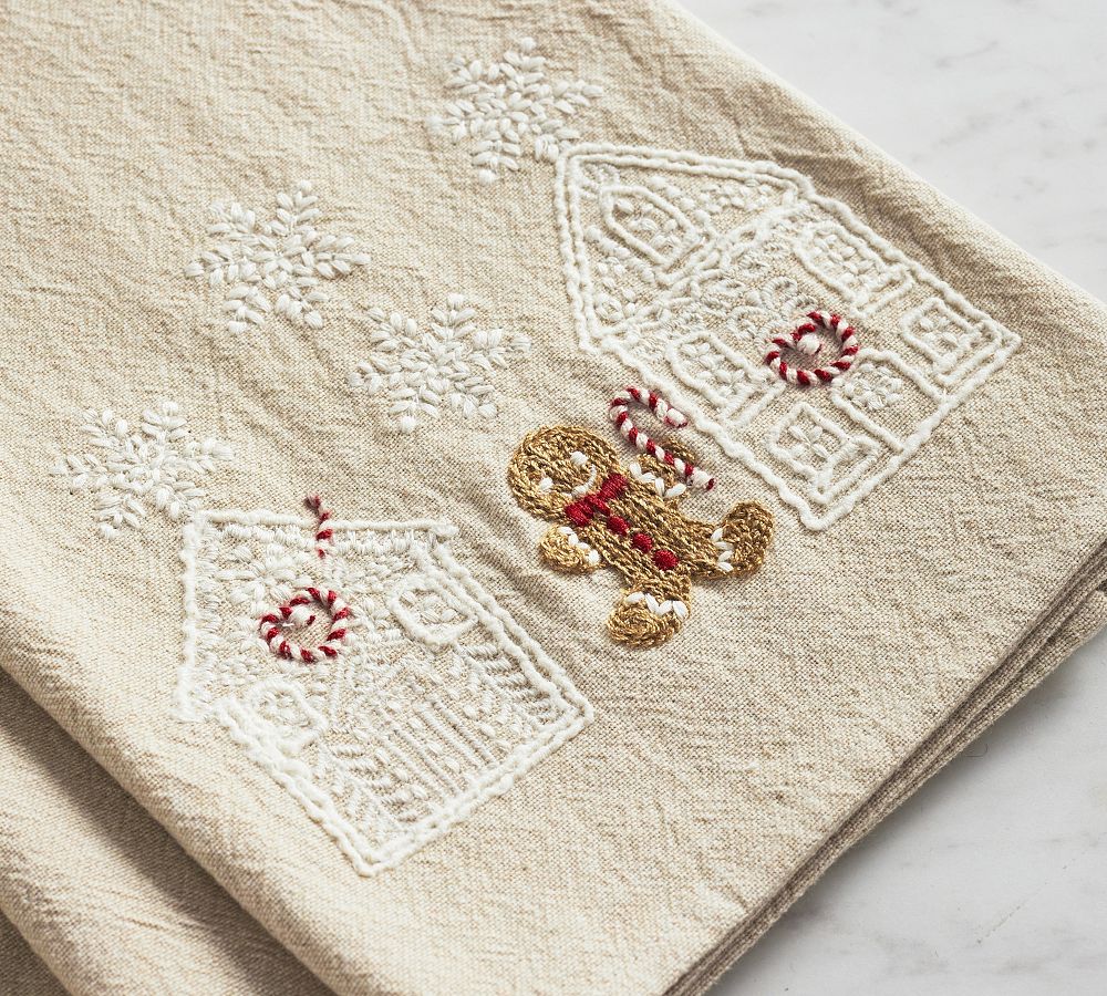Gingerbread Village Embroidered Tea Towels - Set of 2 | Pottery Barn
