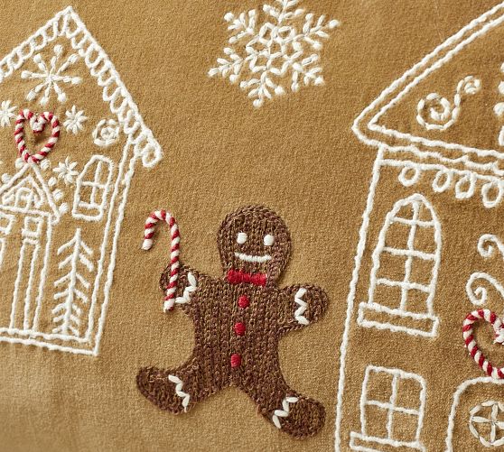 Gingerbread Village Embroidered Lumbar Pillow | Pottery Barn