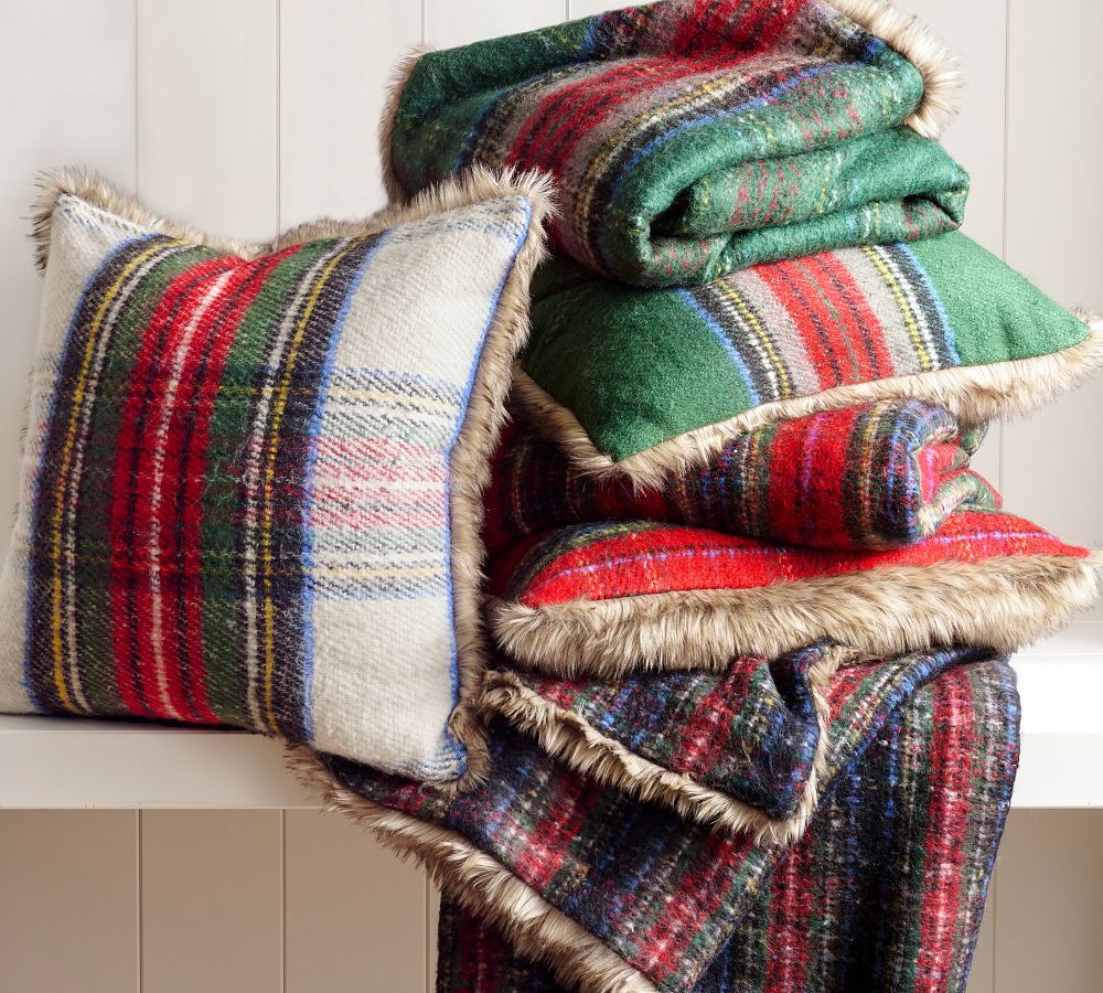 Stewart Plaid Faux Fur Back Throw | Pottery Barn
