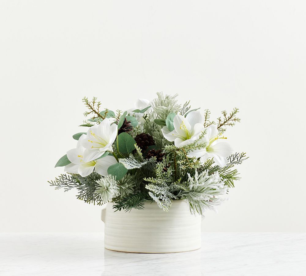 Faux Frosted White Amaryllis & Winter Greens Arrangement | Pottery Barn