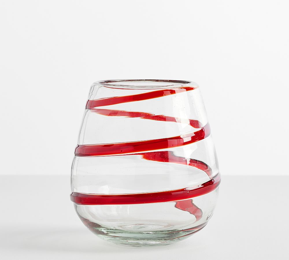 Red Ribbon Handcrafted Recycled Stemless Wine Glasses | Pottery Barn