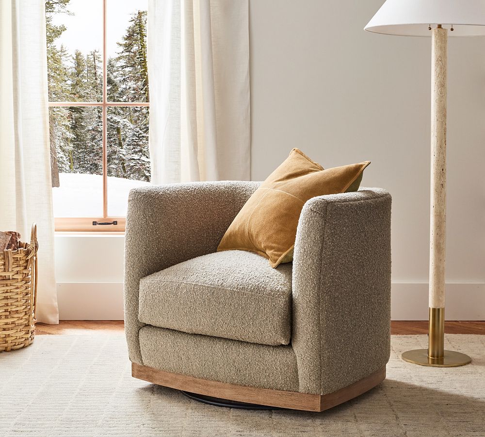 Danton Upholstered Swivel Armchair with Wood Base | Pottery Barn