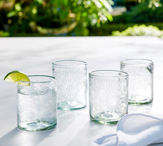 Etched Floral Recycled Glass Drinking Glasses - Set of 4 | Pottery Barn