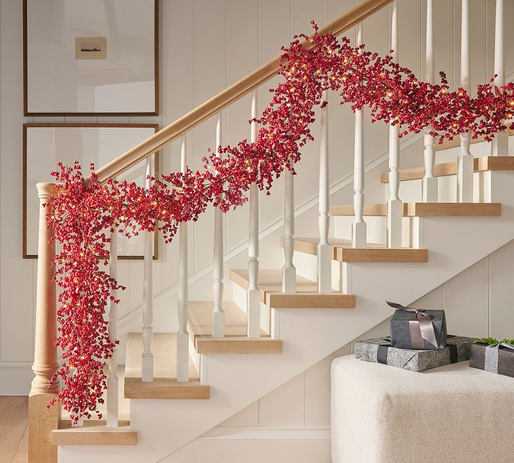 Lit Faux Red Berry Wreath & Garland | Pottery Barn