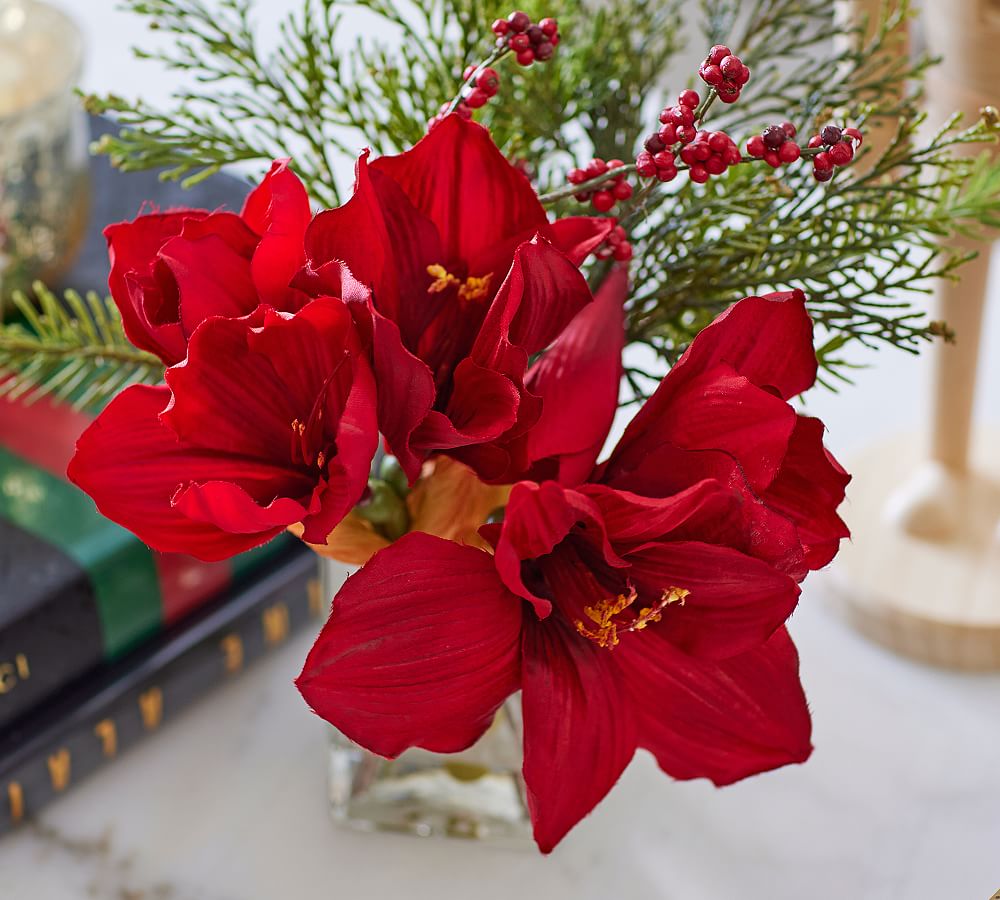 Faux Mixed Amaryllis & Pine Bouquet - Red | Pottery Barn