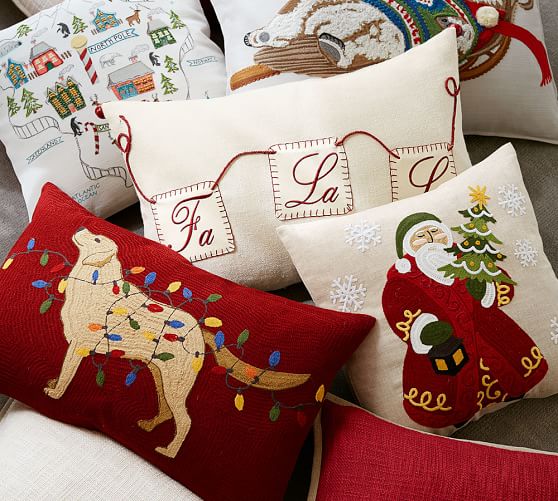 Santa Crewel Decorative Pillow Cover | Pottery Barn