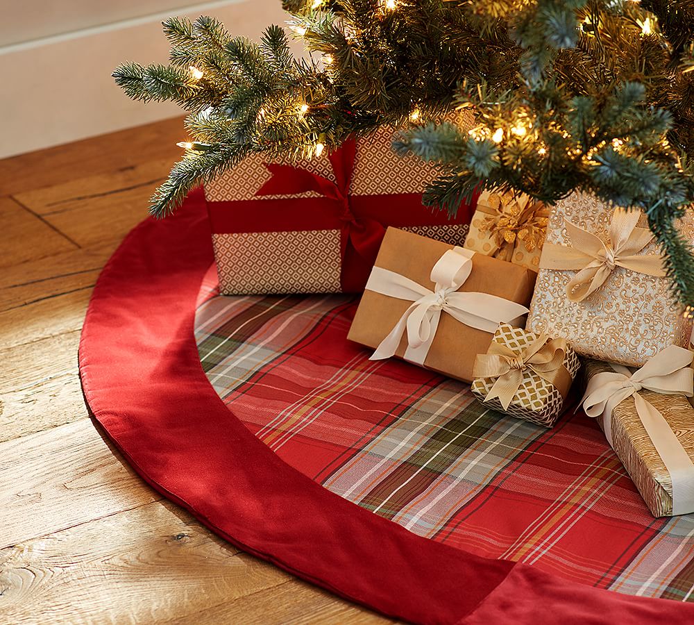 Newbury Plaid Tree Skirt with Red Velvet Cuff | Pottery Barn