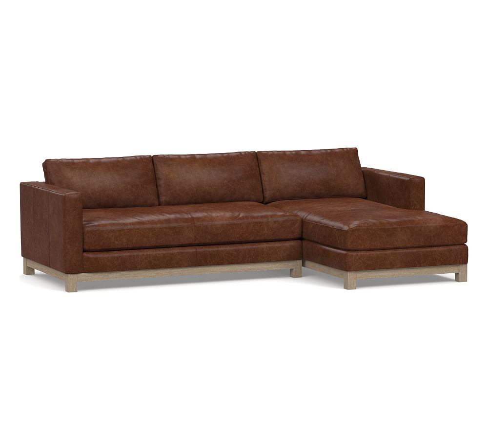 Jake Leather Sofa Chaise Sectional with Seadrift Wood Base | Pottery Barn