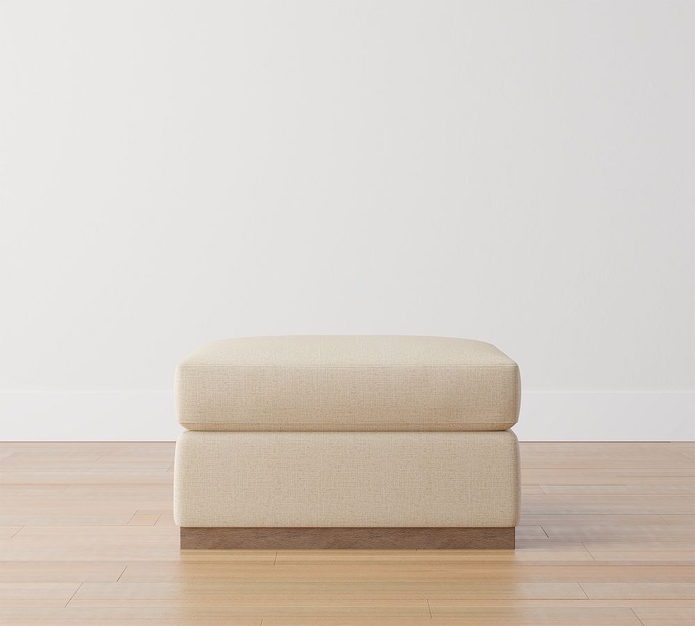 Carmel Square Wide Arm Upholstered Ottoman with Wood Base | Pottery Barn