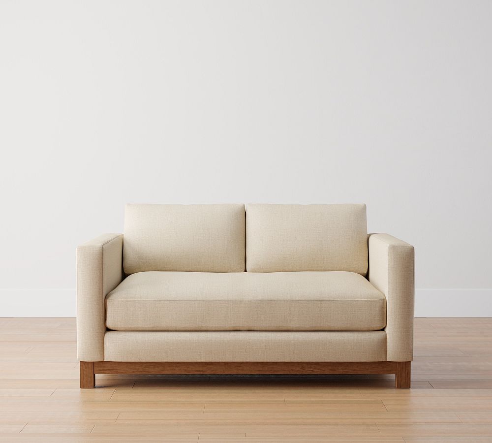 Jake Upholstered Sofa with Brindle Wood Base | Pottery Barn