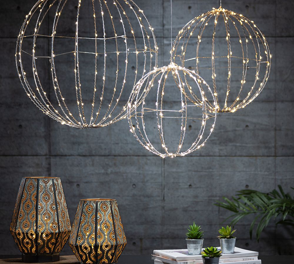 Hanging Silver Spheres With Warm White Lights - Set of 3 | Pottery Barn