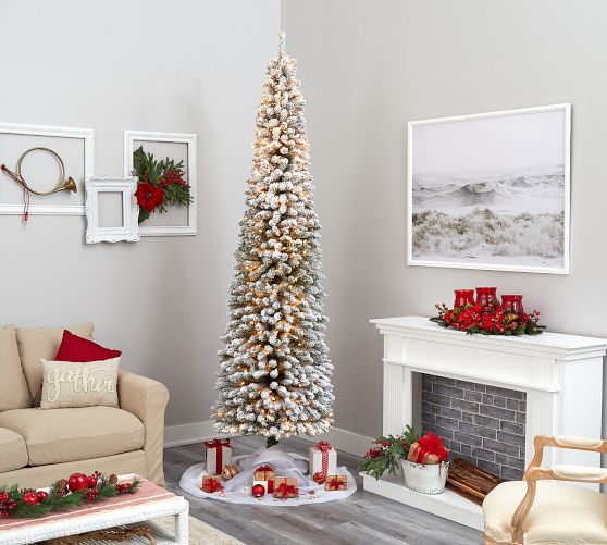 Lit Flocked Pencil Artificial Christmas Tree | Pottery Barn