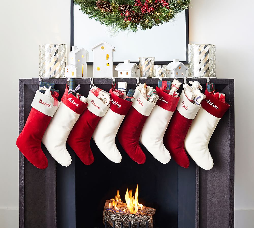 Classic Velvet Stockings - Ivory with Green Cuff | Pottery Barn