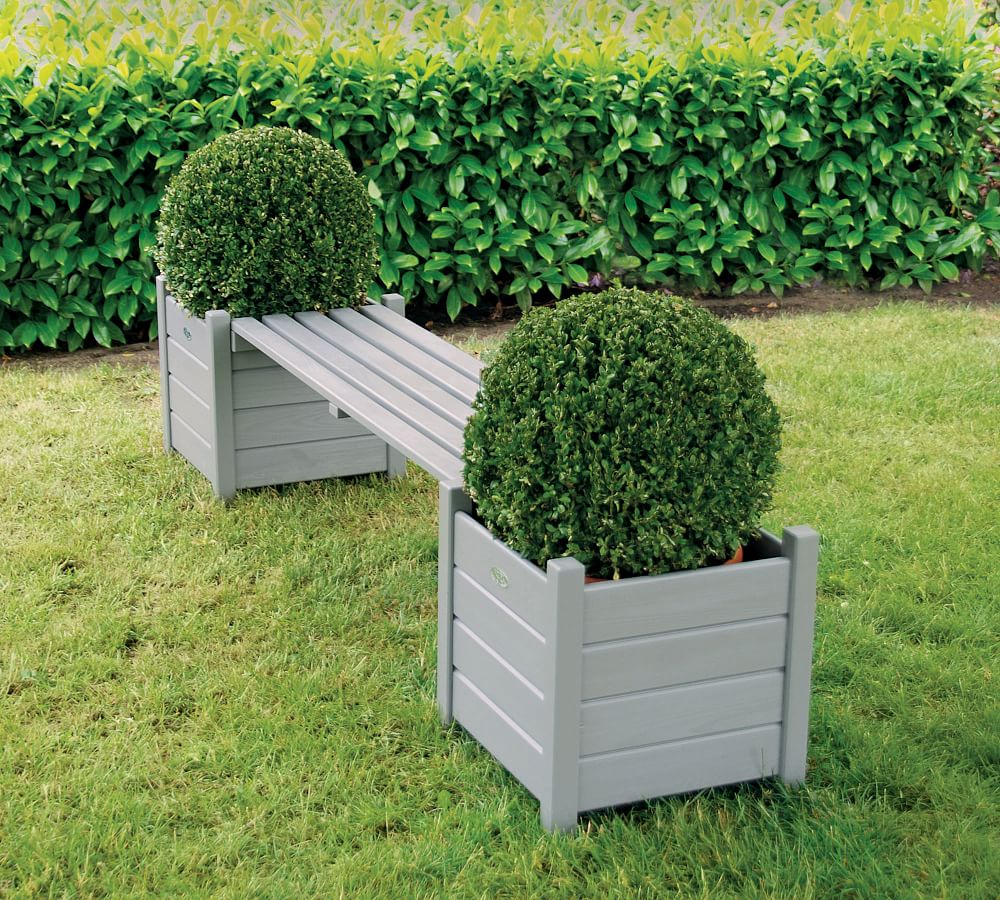 Potters Square Wooden Planters with Bridge Bench | Pottery Barn