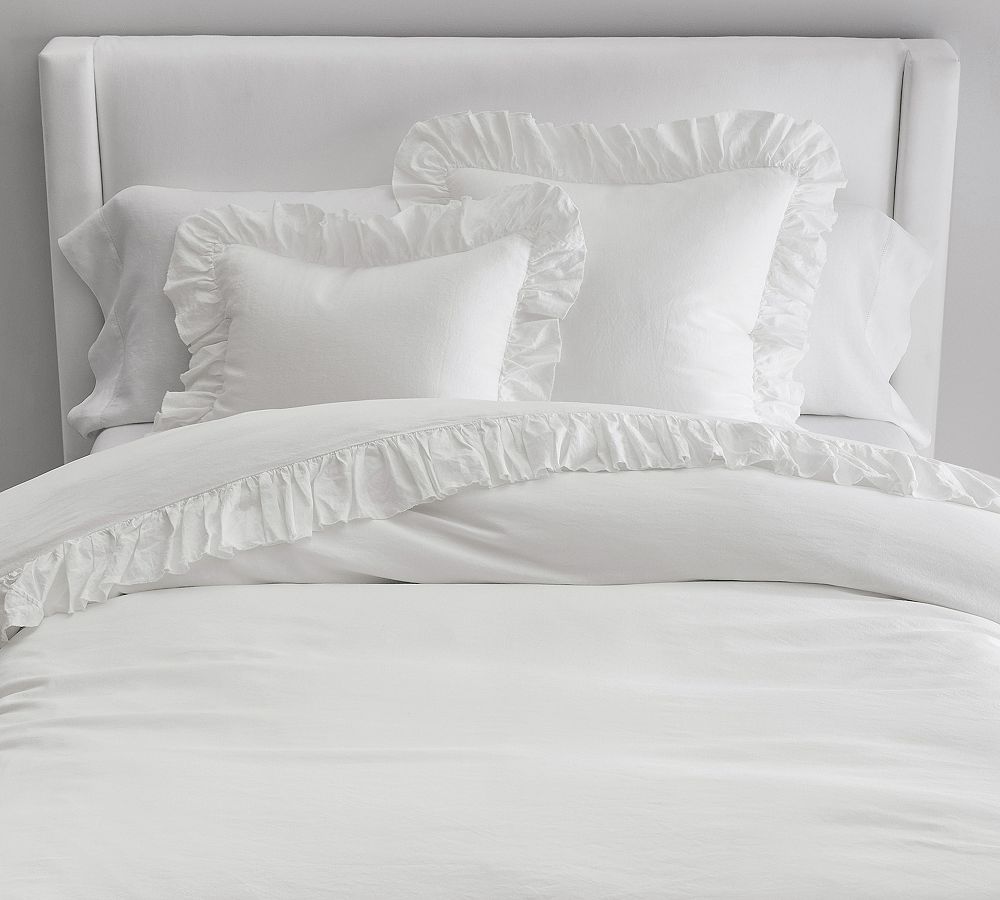 Belgian Flax Linen Raw Edge Ruffle Pillow Shams - White | Pottery Barn