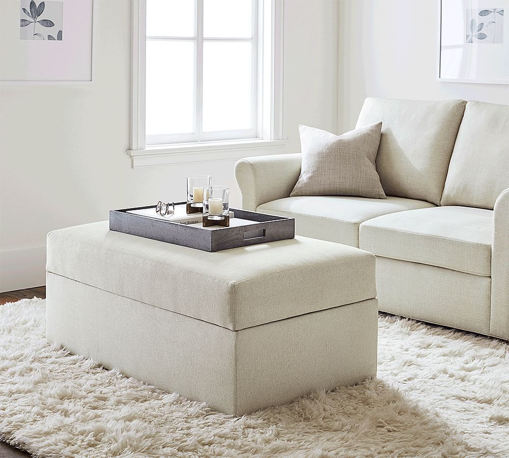 Big Sur Upholstered Storage Ottoman with Pull Out Table | Pottery Barn