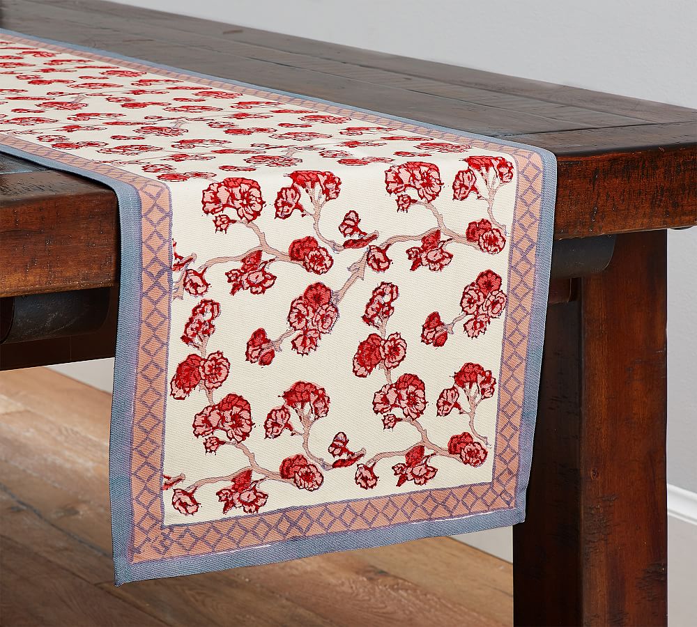 Cherry Blossom Trellis Block Print Cotton Table Runner | Pottery Barn