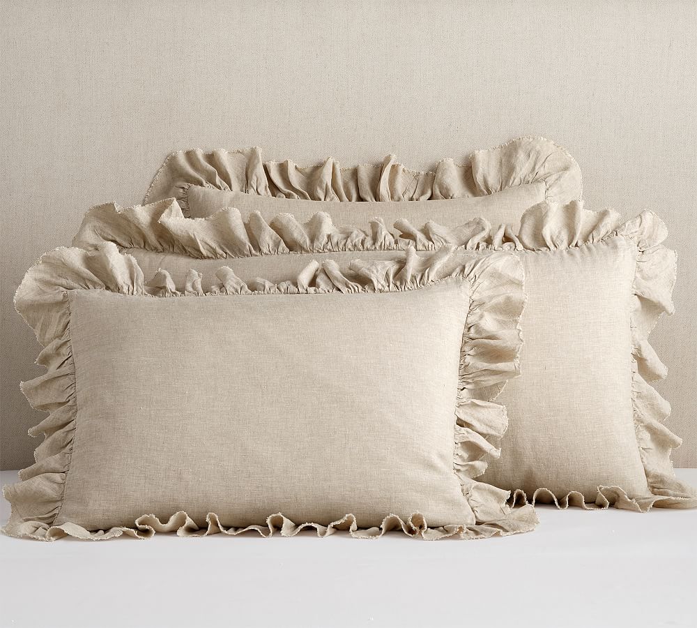 Belgian Flax Linen Raw Edge Ruffle Pillow Shams - White | Pottery Barn