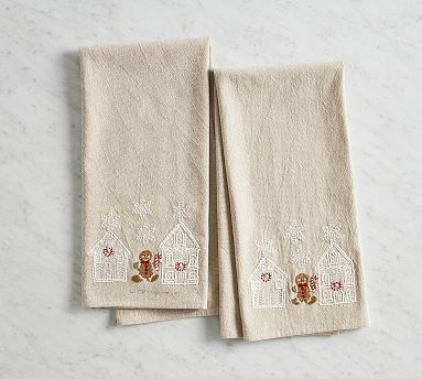 Gingerbread Village Embroidered Tea Towels - Set of 2 | Pottery Barn