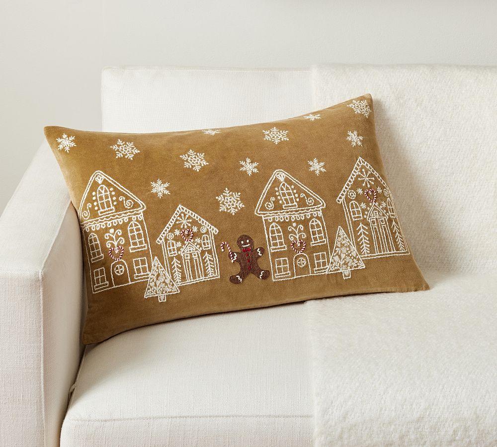 Gingerbread Village Embroidered Lumbar Pillow | Pottery Barn
